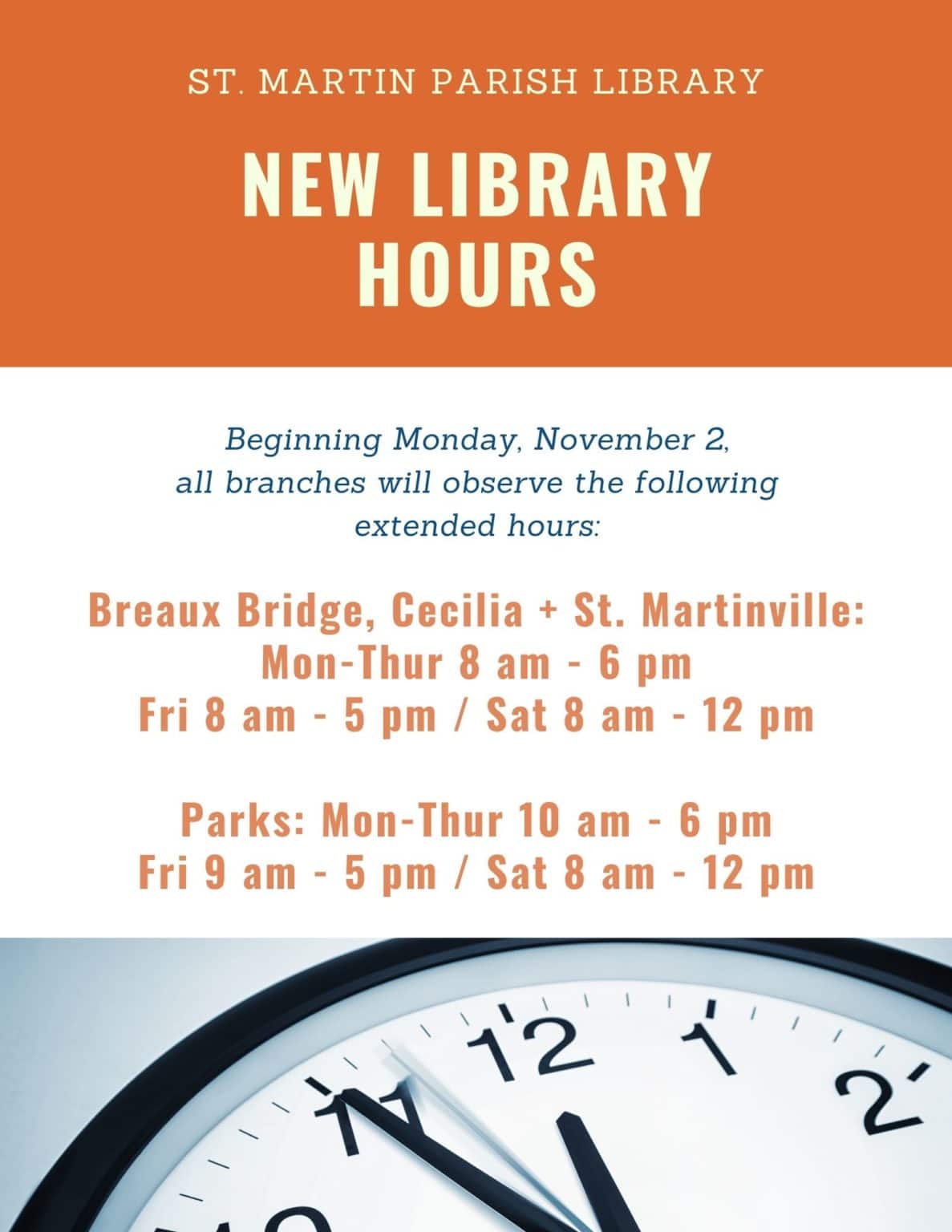 New Extended Library Hours | St. Martin Parish Library
